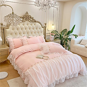 MOOWOO Pink Bedding-Romantic Ruffle Lace Bedding Set 2 Piece Comforter Twin Duvet Cover with Zipper Closure,Coquette Room Decor-Pink,Twin Size