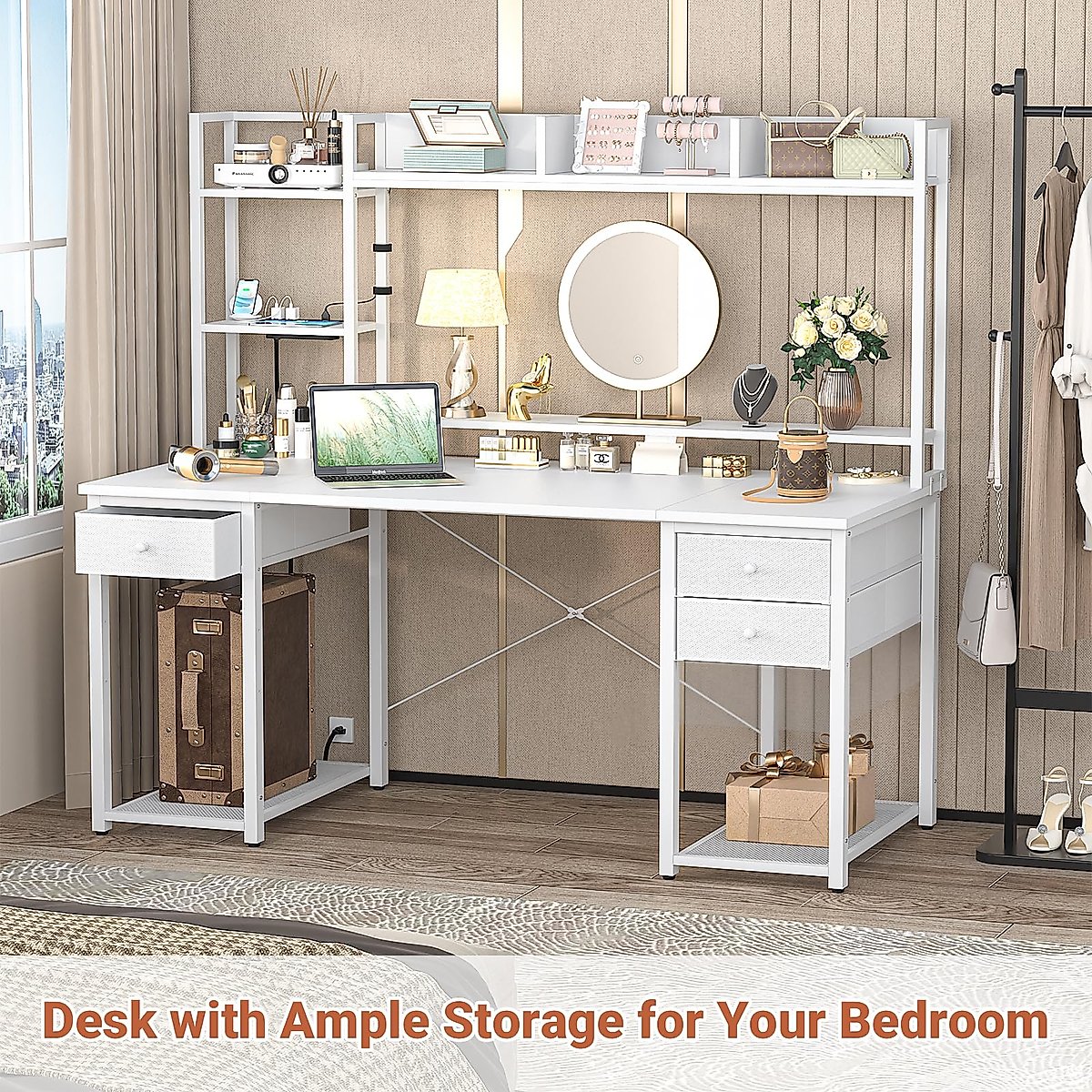 Aheaplus Desk with LED and Outlets, Gaming Desk with Hutch, 55.2'' Computer Desk with Drawers, Reversible Office Desk with Storage Bookshelf Large Workstation Desk with Shelf, Desk for Home, White