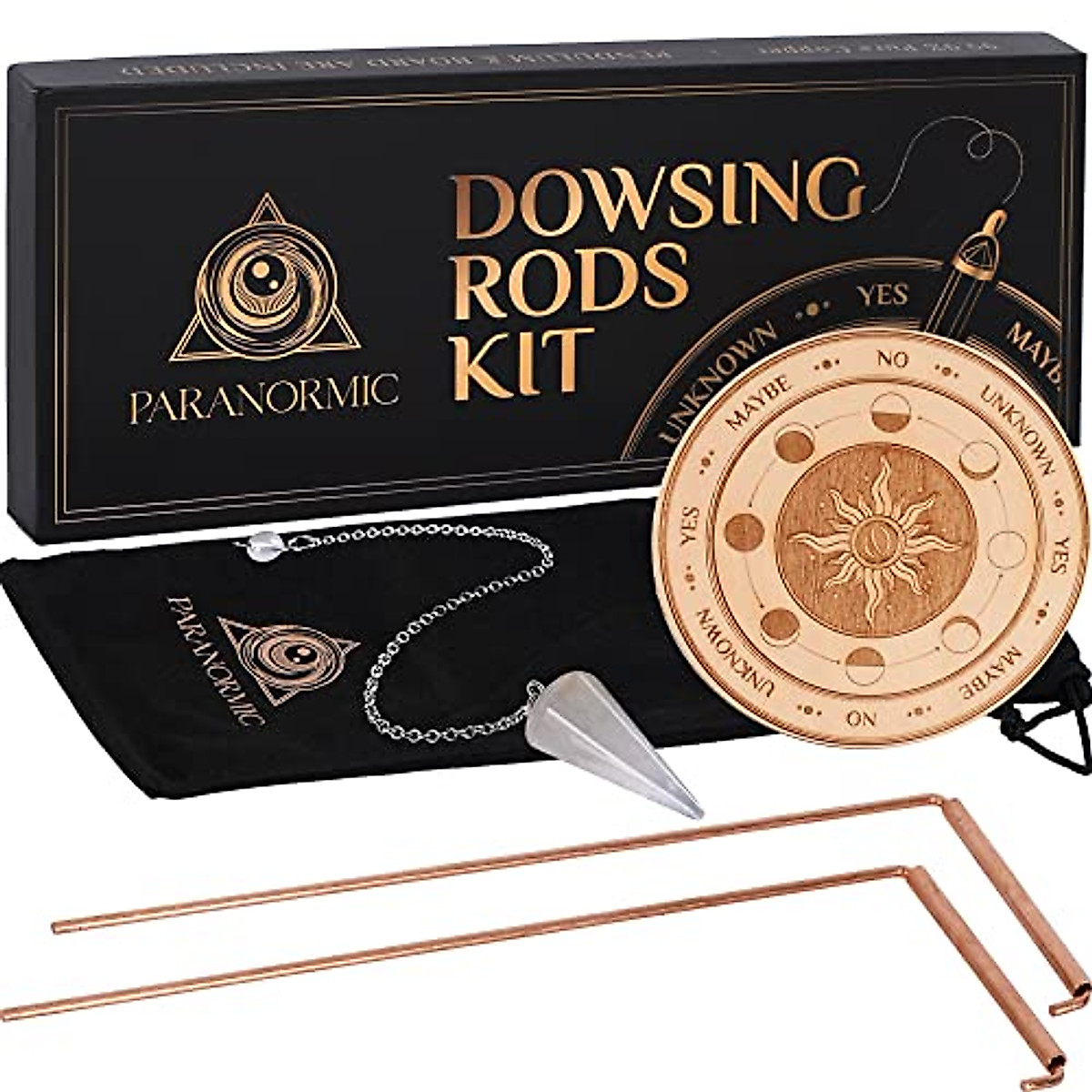 Copper Dowsing Rods Spiritual & Pendulum Board Kit with Mat & Quartz Crystal – Set of 2 Pure Copper Spiritual Rods – Discover Paranormal Secrets with Divining Rods by PARANORMIC