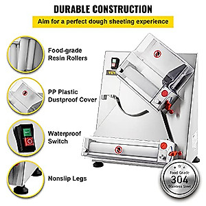VEVOR Pizza Dough Roller Sheeter, Max 12" Automatic Commercial Dough Roller Sheeter, 370W Electric Pizza Dough Roller Stainless Steel, Suitable for Noodle Pizza Bread and Pasta Maker Equipment