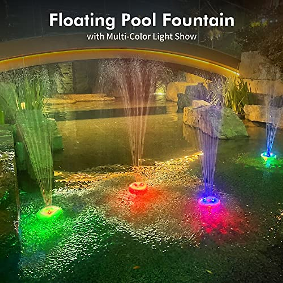Floating Pool Fountain with Underwater Light Show, Rechargeable Battery Powered Pool Fountain, 2 Spray Modes Pool Waterfall Fountain, Waterproof Pool Sprinkler Fountain for Inground Above Ground Pools