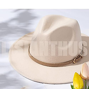 Lisianthus Women Classic Felt Fedora Wide Brim Hat with Belt Buckle A-Creamy