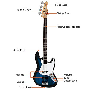 Glarry Gjazz Electric Bass Guitar 4 String Full Size for Beginner Right Hand with Shoulder Strap, Wrench Tool, Power Line and Bag (Dark Blue)