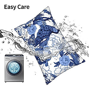 Wozukia Birds and Peonies in Blue Color Throw Pillow Cover Abstract Pattern in Chinoiserie Style with Peacock Lumbar Pillow Case Cushion for Sofa Couch Bed Standard Queen Size 20x30 Inch