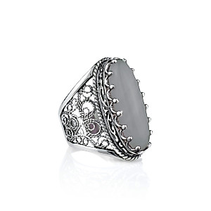 Filigranist 925 Sterling Silver Handcrafted Filigree Art Women Oval Boho Statement Ring with Gemstones, Gift Boxed (6.5, Gray Moonstone)