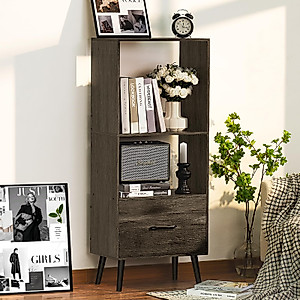 LELELINKY Open Bookshelf, 3 Tier Black Mid Century Modern Book Shelf with Drawers and Legs, Wood Bookcase with Storage Organizer Shelves for Bedroom, Living Room, Office