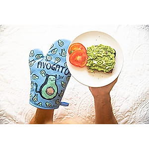 Avogato Oven Mitt Funny Cat Gato Avocado Toast Kitty Lover Graphic Oven Glove Funny Graphic Kitchenwear Funny Food Novelty Cookware Blue Oven Mitt