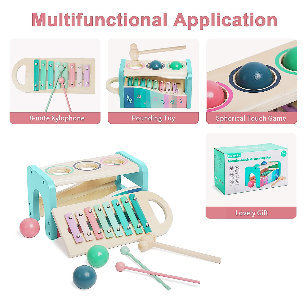 NUKied Musical Pounding Toy for Educational Play, Wooden Montessori Baby Musical Toys with Hammer and Slide Out Xylophone for Toddlers