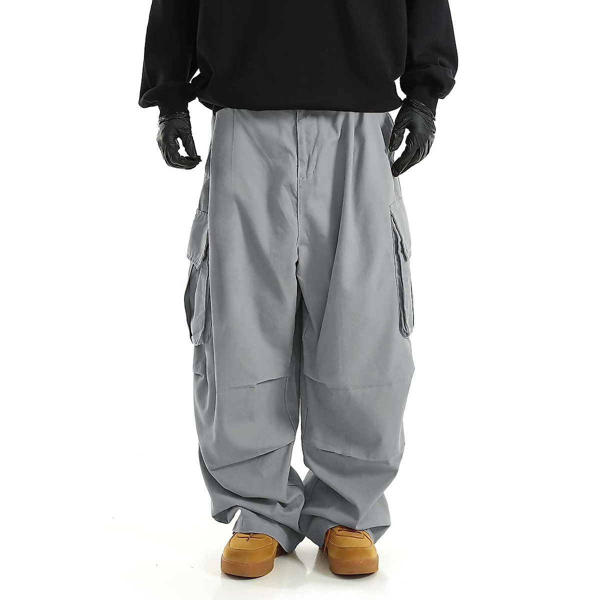 OYOANGLE Men's Drawstring Elastic Waist Flap Pockets Streetwear Baggy Cargo Pants Joggers Hiking Trousers Light Grey L