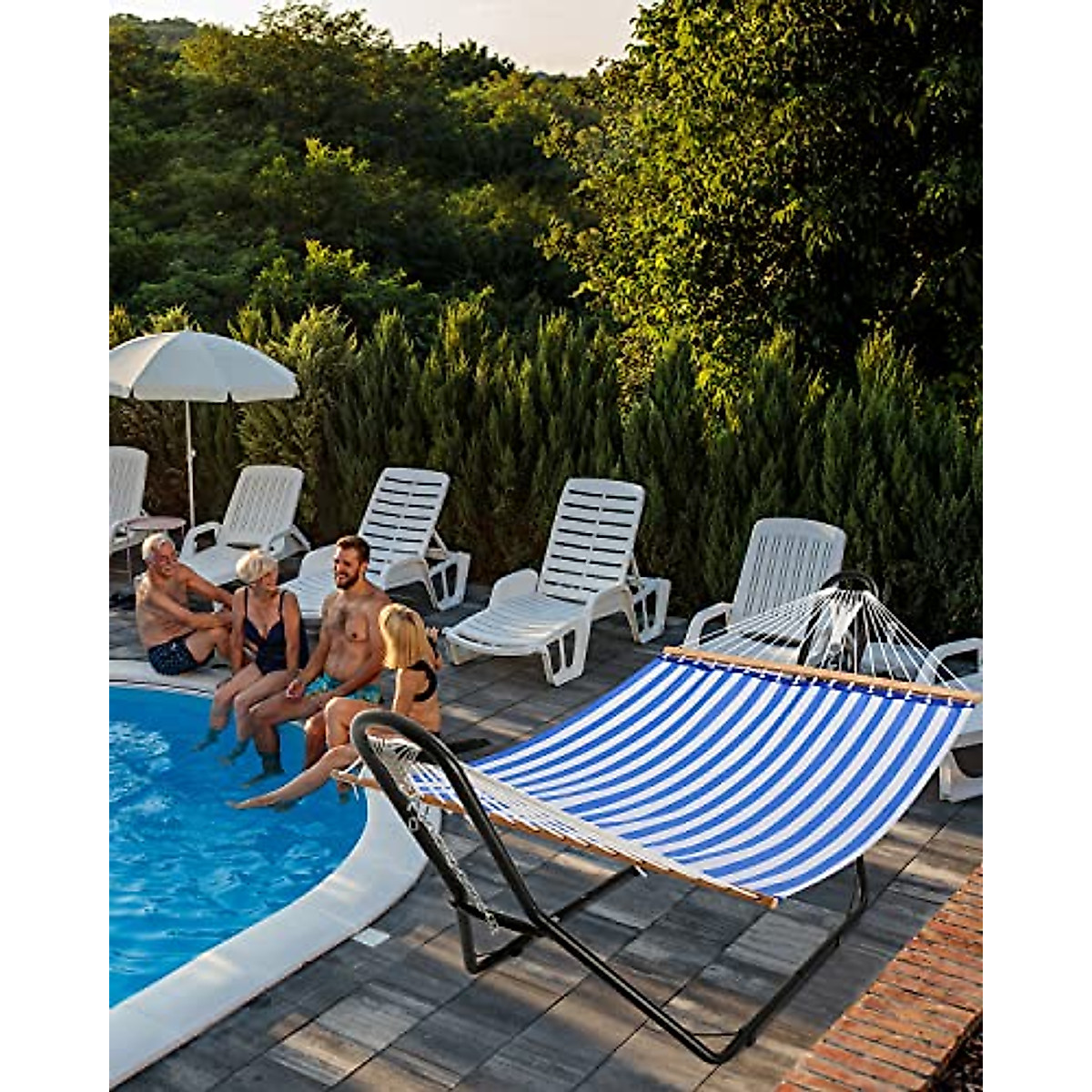 Poolside Hammock with Stand, 2 Person Indoor Outdoor Backyard Beach Patio Hammock, Waterproof UV Resistance, 2 Bags Included. (Blue & White)