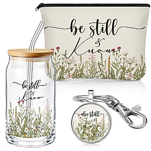 Ziliny 3 Pcs Christian Gifts for Women Be Still and Know Religious Gifts 16 oz Glass Cups with Lid Inspirational Scripture Keychain Bible Verse Cosmetic Bag Gifts for Teacher Student(Flower)