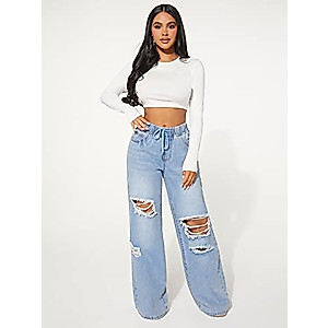 Floerns Women's Drawstring Waist Cut Out Ripper Wide Leg Denim Pants Jeans Light Blue M