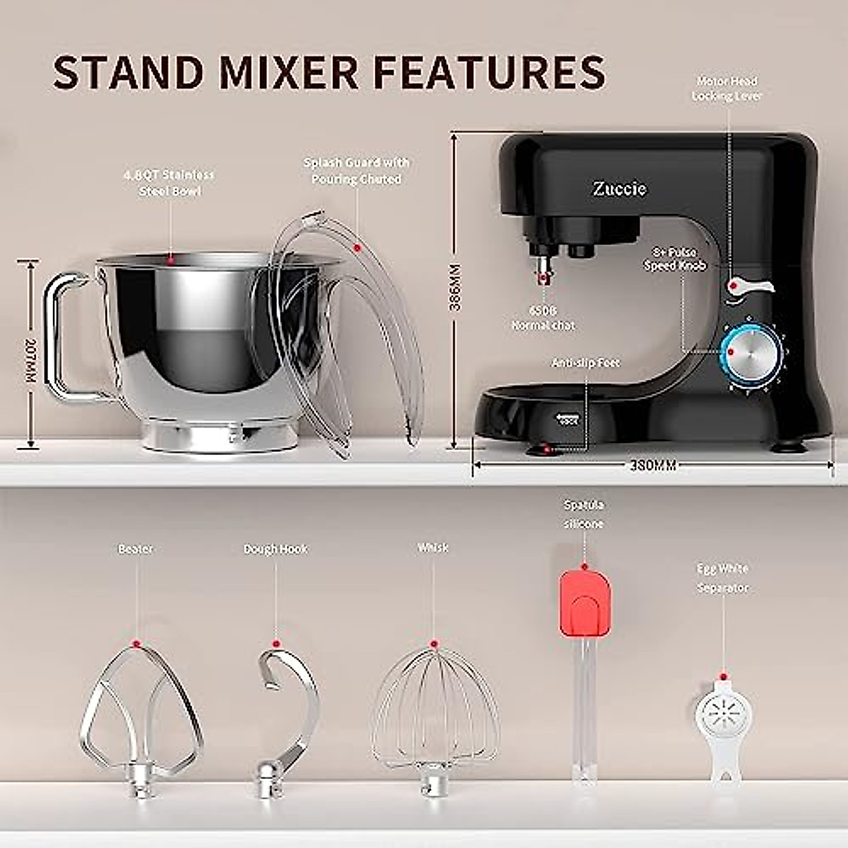 Stand Mixer, Zuccie 4.8QT Kitchen Electric Stand Mixer, 380W Motor Power Food Mixer, 8+P-Speed Dough Mixer with Dough Hook, Wire Whip & Beater, Black