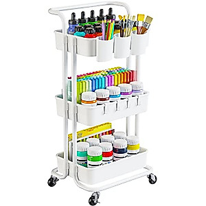 Pipishell 3-Tier Rolling Cart with Wheels - Rolling Storage Cart with Hanging Cups & Hooks - Mobile Utility Cart for Office, Kitchen, Craft Room - Art & Craft Organizer (White, PIUC06W)"