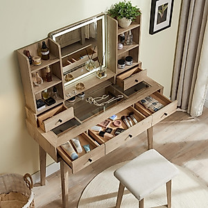 T4TREAM Modern Makeup Vanity Desk with Mirror and Lights，42'' Make up Vanity Table with Glass Tabletop & 5 Drawers, Big Vanity Set with Cushioned Stool & 3 Light Modes for Bedroom, Natural Oak