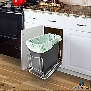 ROONOVA: Pull Out Bin Rack | Durable Chrome Finish & Adjustable Frame | Heavy Duty Steel | Slides Under Kitchen Cabinet | Trash Can Clips | Compatible with Various Size Bin | Trash Can Not Included