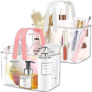 FODIENS 2 Pack Plastic Shower Caddy Basket, Portable Shower Caddy Tote Storage Basket with Colorful Handles, Clear Toiletry Organizer Bin for Bathroom Kitchen College Dorm (White+Pink)