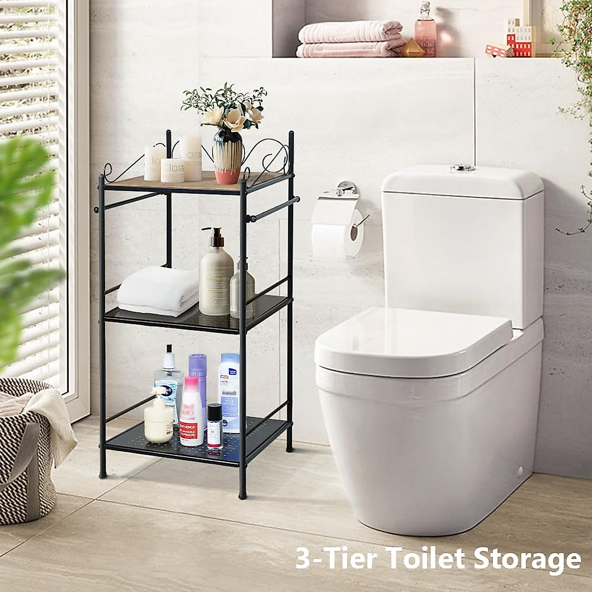 ViHOTA 3-Tier Metal Shelving Unit, Standing Storage Shelf Units for Laundry Bathroom Kitchen Pantry Closet for Small Spaces,15.6” Black Metal Rack