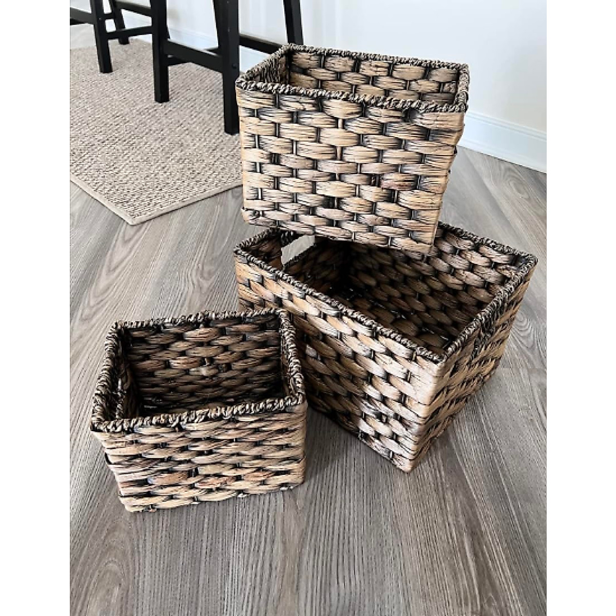 Decocoon Wicker Baskets 3 Pack, Rectangular Basket, Rattan Storage Basket, Wicker Basket with Handle, Wicker Storage Basket, Pantry Baskets Storage, Woven Baskets for Storage, Seagrass Storage Baskets