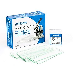 AmScope BS-50P-100S-22 Pre-Cleaned Blank Ground Edge Glass Microscope Slides and 100pc Pre-Cleaned Square Glass Cover Slips Coverslips
