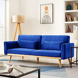 Lamerge Velvet Sleeper Couch with Pillows & Wooden Frame, Upholstered Modern Folding Futon Sofa Bed, Lounge Memory Foam Convertible Loveseat for Studio, APT, Dorm, Home Office (Blue)