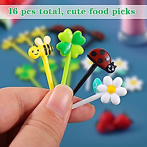 AIERSA Food Picks for Kids Bento Box, 16Pcs Reusable Cute Bees, Daisy, Four Leaf Clover, Ladybug Food Fruit Picks, Kids Lunch Bento Box Accessories