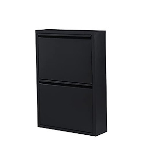 Alveon Flip Drawer Shoe Cabinet, Storage Organizer, Freestanding Shoe Rack, Wall Mounted No-Assembly (Black, 2 Drawer)