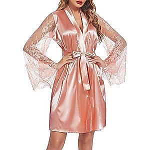 Avidlove Women's Satin Robe Pink Kimono Silk Robes for Bridal Party Lightweight V-Neck Lace Sleeves