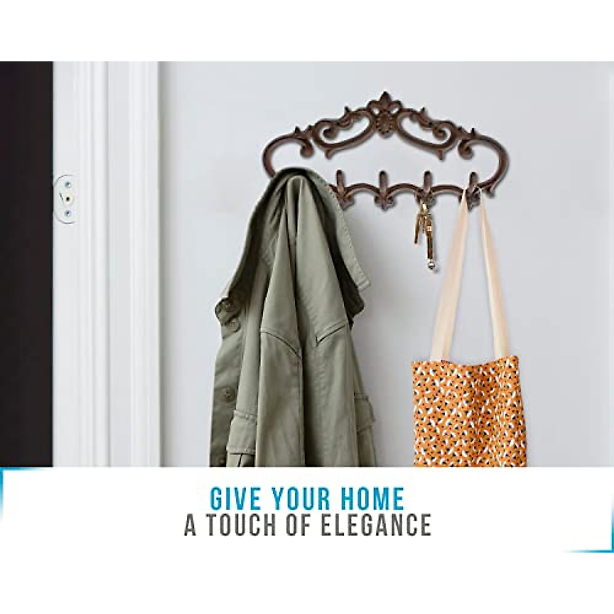 Cast Iron Wall Mounted Hanger – Vintage Design with 5 Hooks - For Keys, Towels, Robes, Clothes and More - Wall Mounted, Metal, Heavy Duty, Rustic, Vintage, Decorative Gift Idea - 12.6x5.9” | Brown