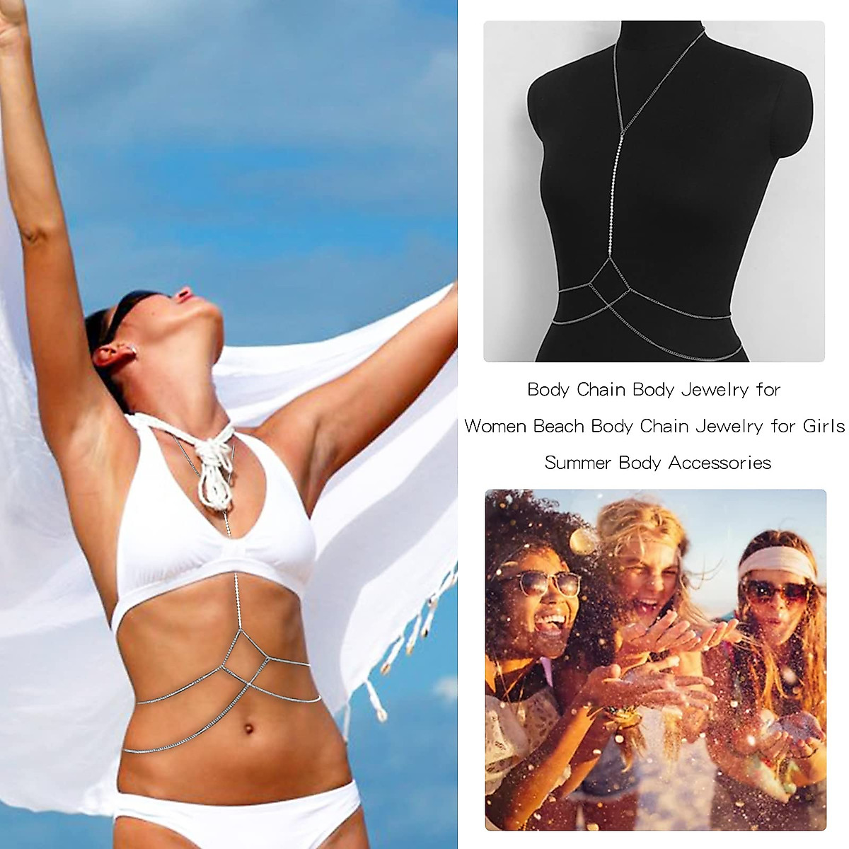 Body Chain Body Jewelry for Women Beach Body Chain Jewelry for Girls Summer Body Accessories (Silver)