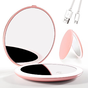 P TOPPSTORE LED Lighted Compact Mirror,4 Inch 1X/5X Magnification Travel Makeup Mirror,Rechargeable Portable Compact Mirror with Light for Handbag, Purse, Pocket, Pink