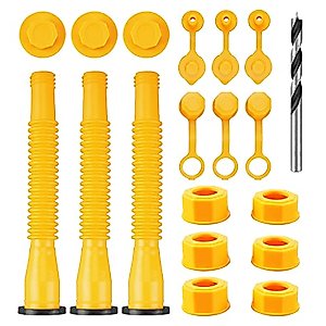 Jimtyee Gas Can Spout Replacement,Gas Can Nozzle (3Kit-Yellow) Fit for 1/2/5/10 Gal Oil Cans, with 6 Screw Collar Caps,Gas Can Vent Caps, Spout Cover, Base Caps, Drill, Thick Rubber pad