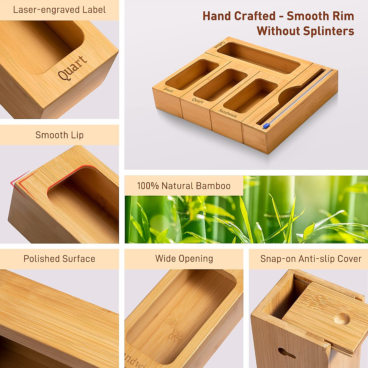 Delamu Ziplock Bag Organizer - 5 Separate Plastic Bag Organizers for Kitchen Drawer - Foil and Plastic Wrap Dispenser with Cutter 12" Roll, Baggie Organizer for Gallon, Quart, Snack, Sandwich Bags