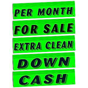 Versa Tags Windshield Slogan Stickers 12 Pack Each of PER Month, for Sale, Extra Clean, Down, Cash (60) Window Stickers Total Dealership Stickers Black On Green