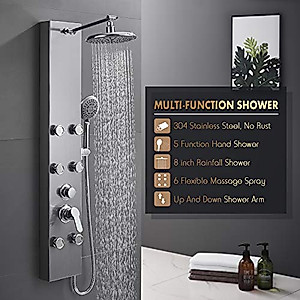 ROVOGO 304 Stainless Steel Shower Panels System with 8-inch Rainfall Shower, 6 Body Jets and 5-Setting Handheld Shower Wand, Shower Tower with Adjustable Head, Stainless Steel Brushed