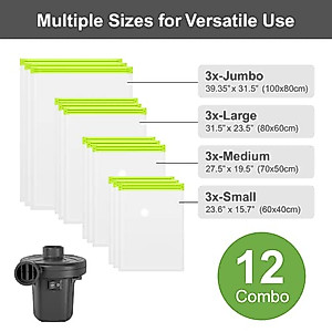 Umimile Vacuum Storage Bags with Electric Pump, 12 Pack (3 Jumbo, 3 Large, 3 Medium, 3 Small) Space Saver Bag, Vacuum Sealer Bags for Clothes, Mattress, Blanket, Duvets, Pillows, Comforters,Travel, Moving