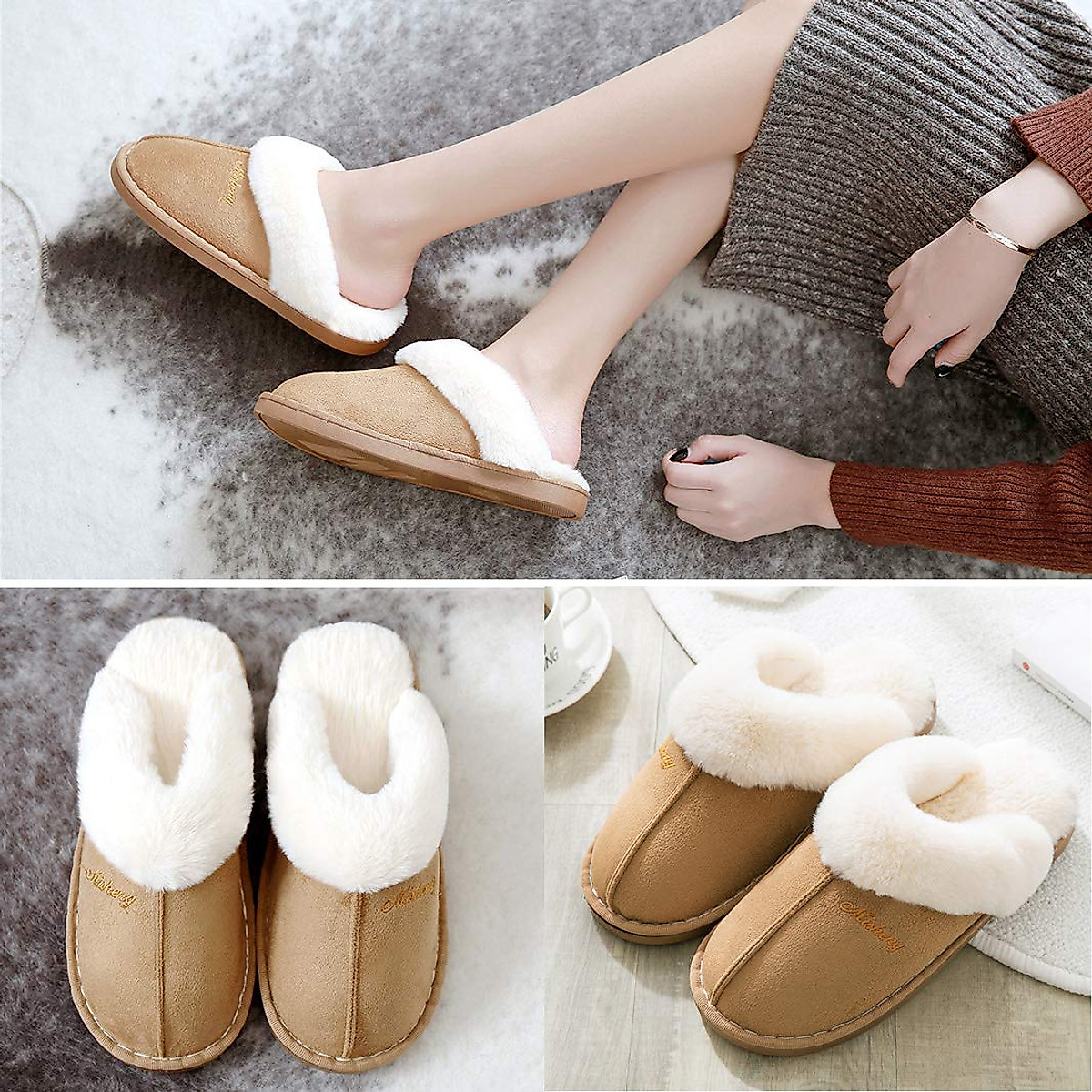 SUSHAN Womens Slippers Soft Plush Warm House Shoes Anti-Slip Fluffy Indoor/Outdoor Slippers Tan 40-41
