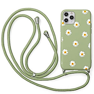 Eouine Crossbody Case for Samsung Galaxy A11 [6.4"] - Neck Cord Lanyard Strap with Samsung A11 Case - Anti-Scratch Green Silicone Pattern TPU Adjustable Necklace Strap - Daisy
