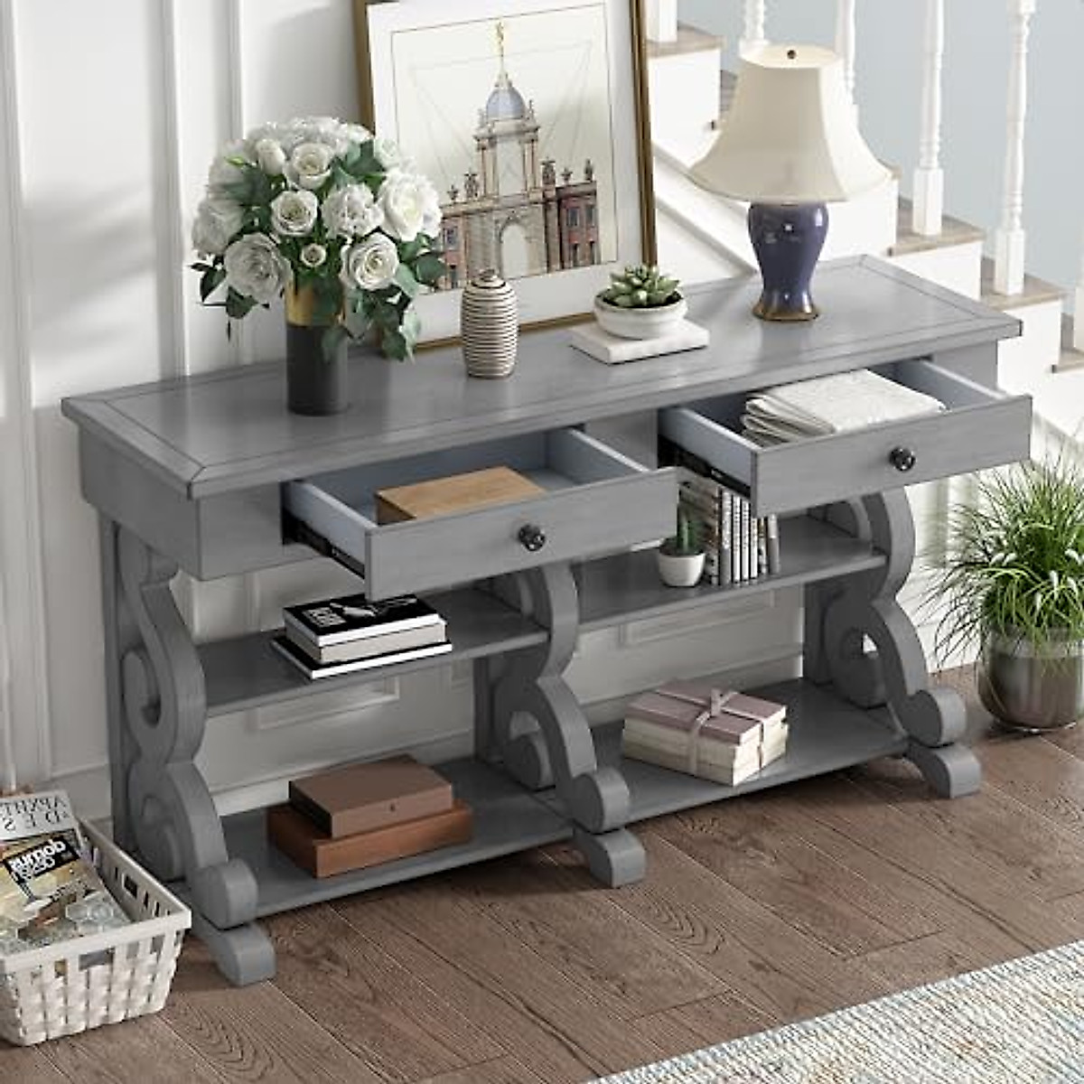 Knocbel Retro Entryway Console Table with 2 Storage Drawers and Adjustable Shelves, Entrance Hallway Foyer Behind Couch Sofa Table Living Room Decor Furniture, Easy Assembly (Antique Gray)