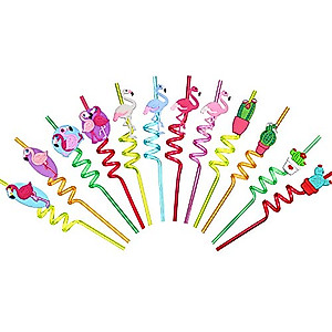 FZR Legend 24 Flamingo Fruit Cactus Reusable Plastic Straws,Hawaiian Beach Cocktail Luau Party Decorations Supplies Favors (24 SET)
