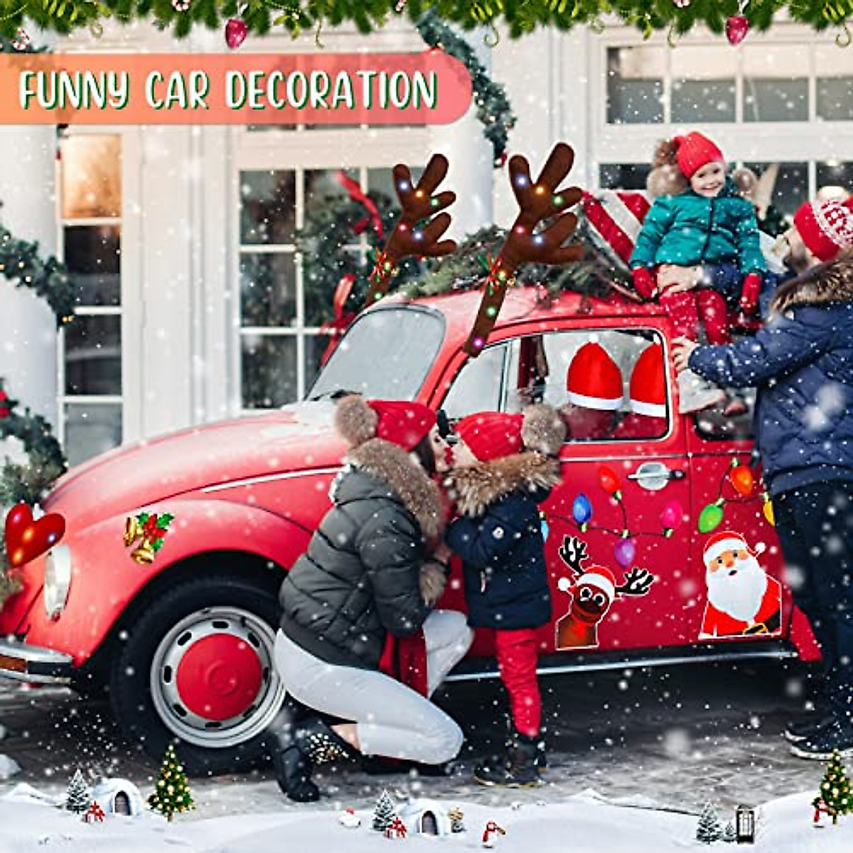 Tallew 36 Pieces Christmas Reindeer Antlers Car Decoration Kit with Light Bulb Lamp Santa Claus Reindeer Santa Hat Car Seat Headrest Cover for Car Accessories Christmas Car Decoration