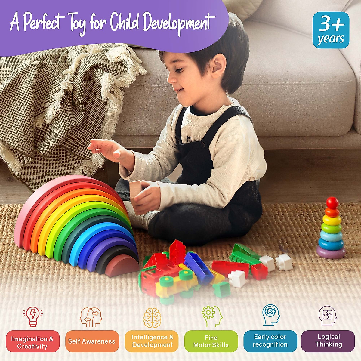 Wooden Rainbow Stacking Toy - Montessori Toys for 3+ Year Old - Rainbow Stacker Grimms Extra Large for Kids 2 3 4 5 Boys and Girls - 12 Pieces