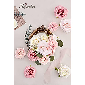 Serwalin Artificial Flowers Fake Silk Flowers for DIY Wedding Bouquets Cake Decoration Mixed Roses Combo Blush Pink and White Flower Centerpieces Arrangements for Party Table Chair Decor