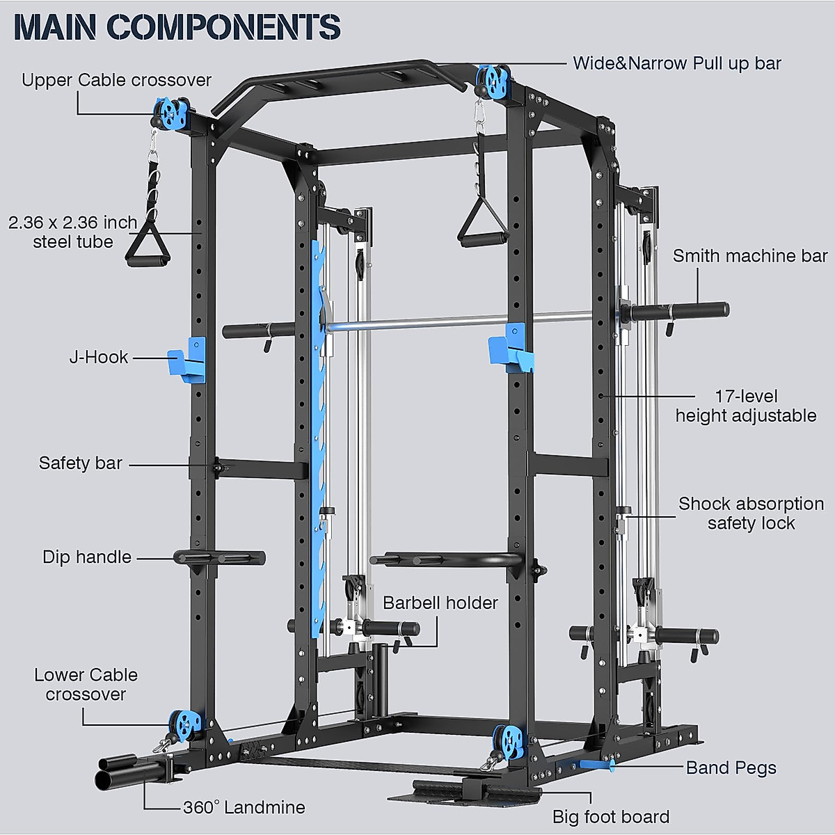 Multifunctional Power Cage Rack with Cable Crossover/Smith Machine System, LAT-Pull Down System,Squat Rack and More Training Attachments for Home Gym