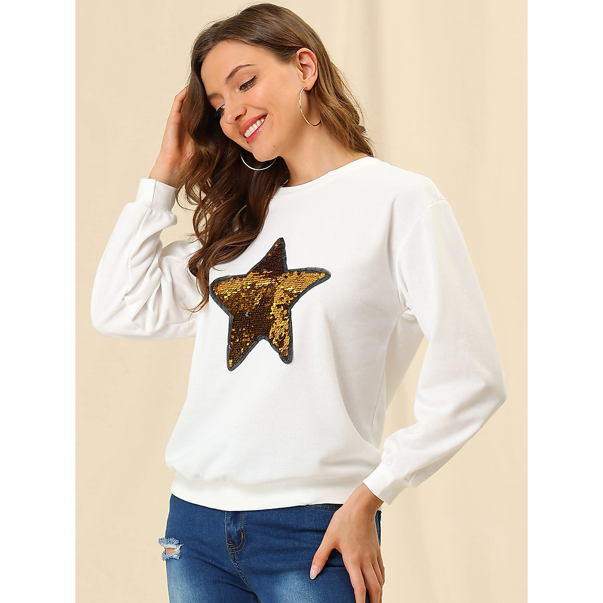 Allegra K Women's Sequin Shiny Star Crew Neck Long Sleeve Sweatshirt Top White Medium