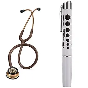 3M Littmann Classic III Stethoscope, Copper-Finish Chestpiece, Chocolate Tube, 27 inch, 5809 and Primacare DL-9325 Reusable LED Penlight with Pupil Gauge bundle