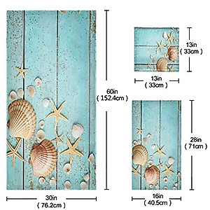 Naanle 3D Wooden Board Starfish Shells Summer Soft Luxury Decorative Set of 3 Towels, 1 Bath Towel+1 Hand Towel+1 Washcloth, Multipurpose for Bathroom, Hotel, Gym, Spa and Kitchen