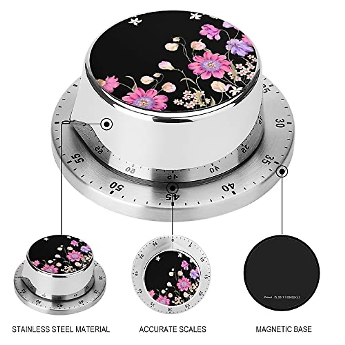 Kitchen Timer Purple Flower Classroom Timer Stainless Steel Countdown Timer with Magnetic Backing