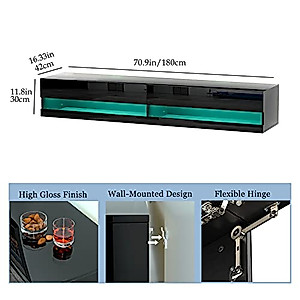 Uspeedy 71in Floating TV Stand, High Gloss Entertainment Center for TVs Up to 80 inch,Led Stand Wall Mounted with LED Lights,TV Console Shelf,Media Furniture(Black 1)