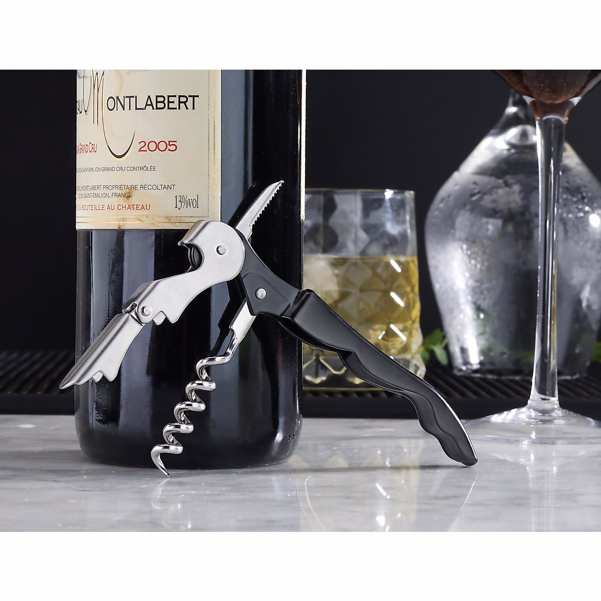 New Star Foodservice 48223 Folding Waiters Wine Bottle Corkscrew Beer Cap Opener with Plastic Bird Style Handle, Black